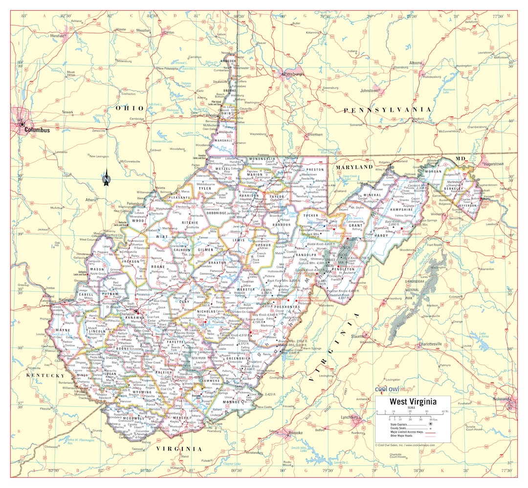 West Virginia State Wall Map Large Print Poster - 24"hx26"w - Etsy