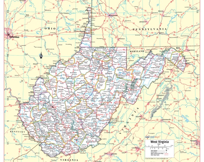 West Virginia State Wall Map Large Print Poster 24hx26w - Etsy