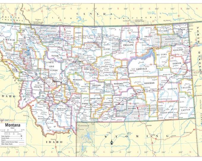 Montana State Wall Map Large Print Poster - 34"wx24"h - Etsy