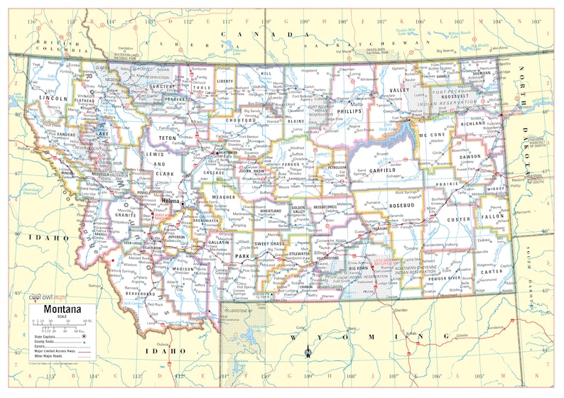 Montana State Wall Map Large Print Poster Etsy