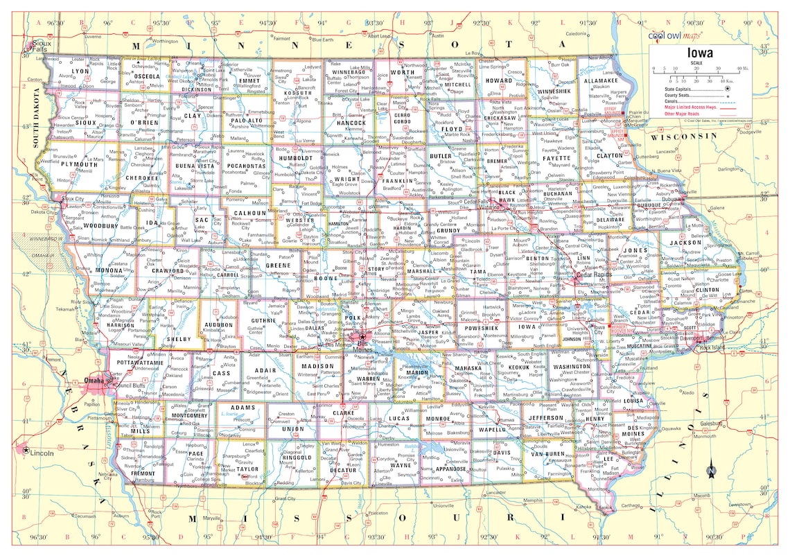 Iowa State Wall Map Large Print Poster 34wx24h | Etsy