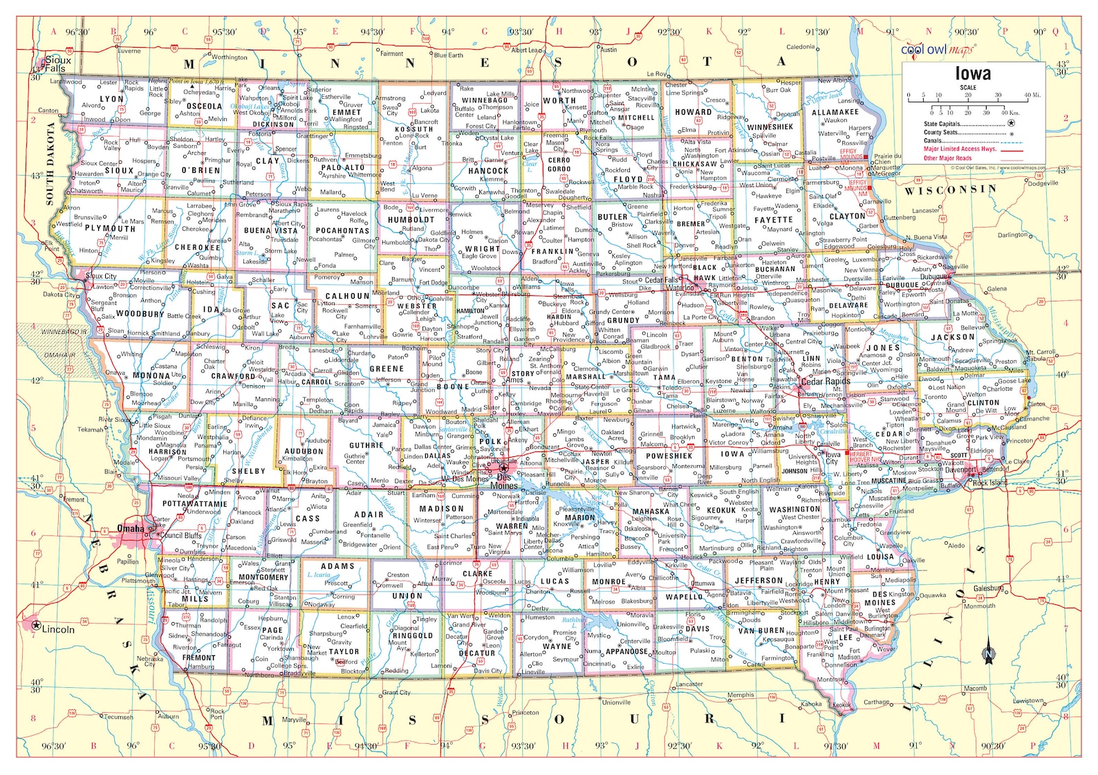 Iowa State Wall Map Large Print Poster - 34"wx24"h - Etsy