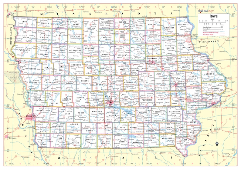 Iowa State Wall Map Large Print Poster 34wx24h | Etsy