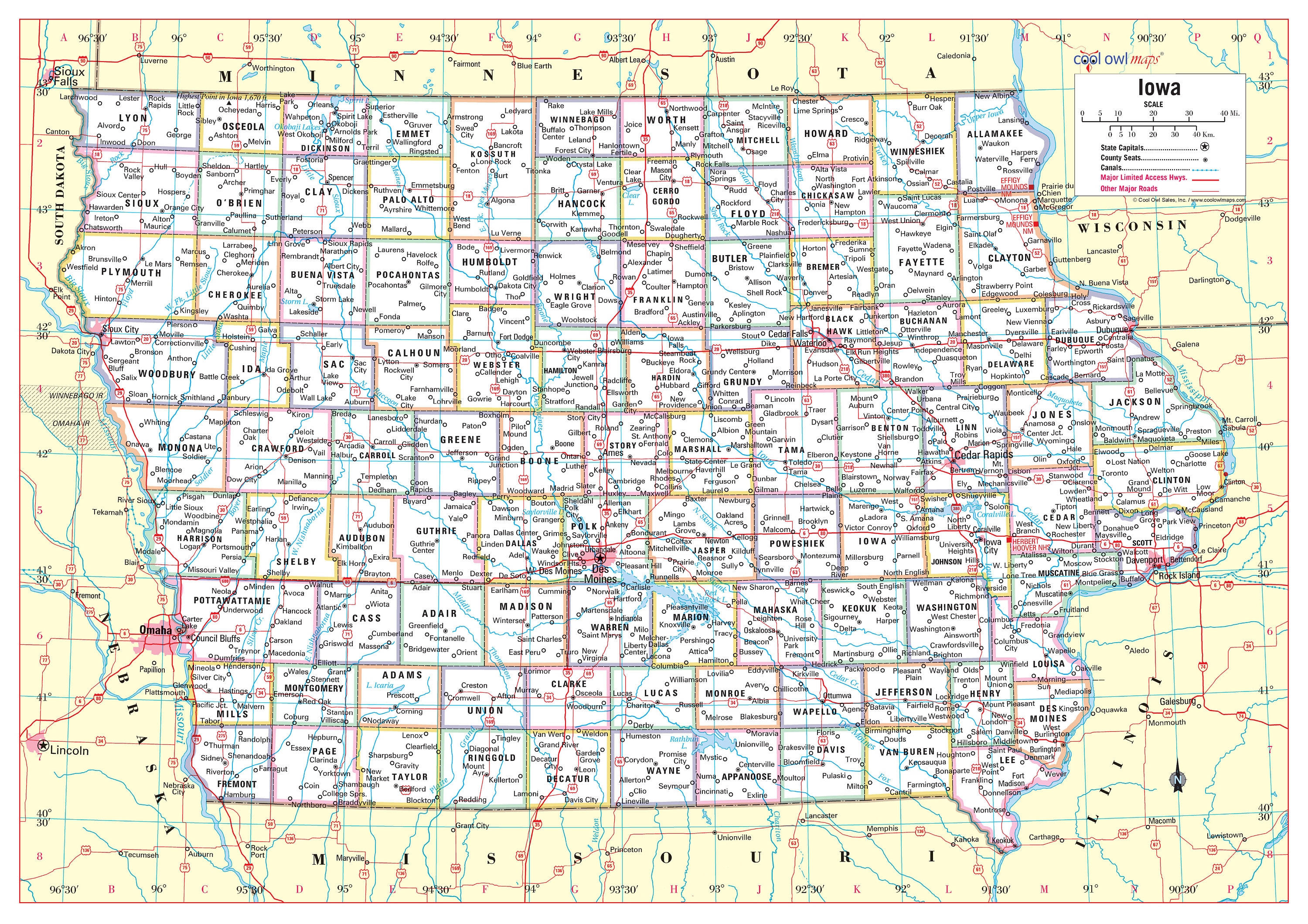 Iowa State Wall Map Large Print Poster 34wx24h - Etsy Canada