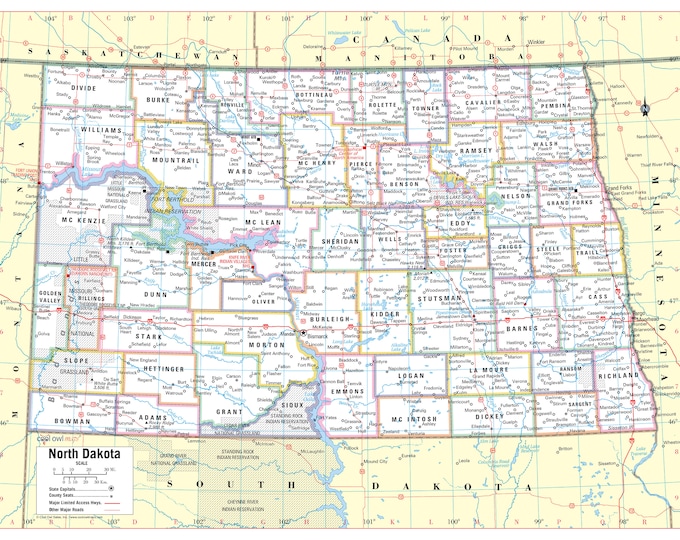 North Dakota State Wall Map Large Print Poster - 32"wx24"h - Etsy