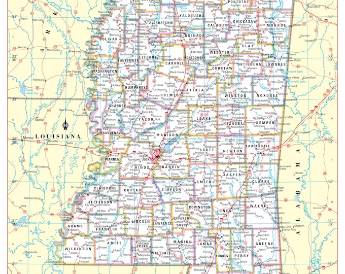 Mississippi State Wall Map Large Print Poster - Etsy
