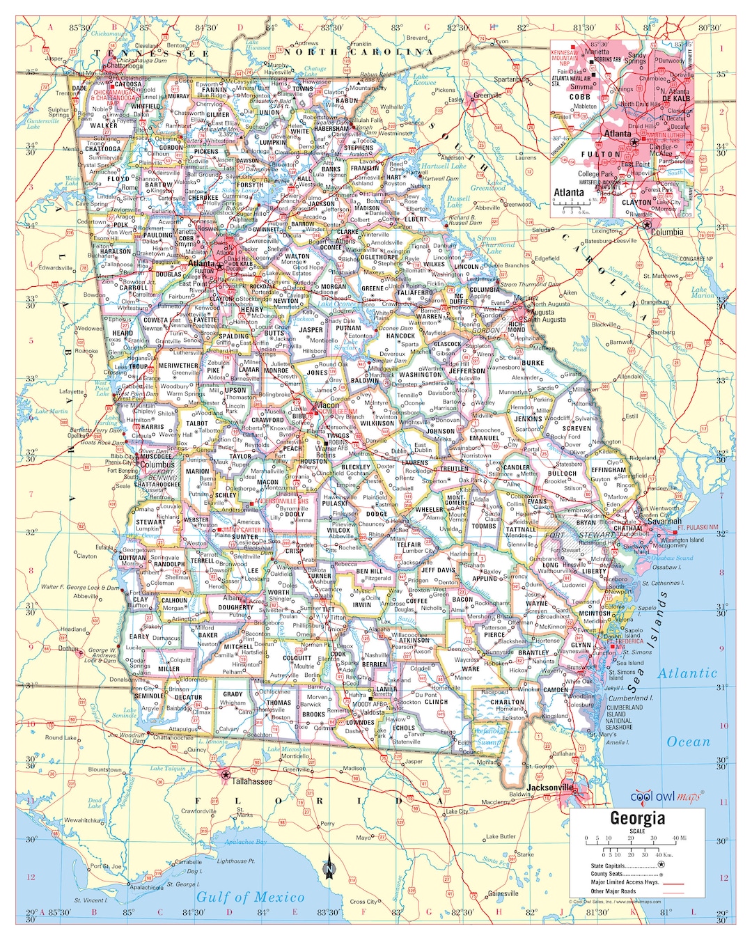 Georgia State Wall Map Large Print Poster - 24"x30" - Etsy