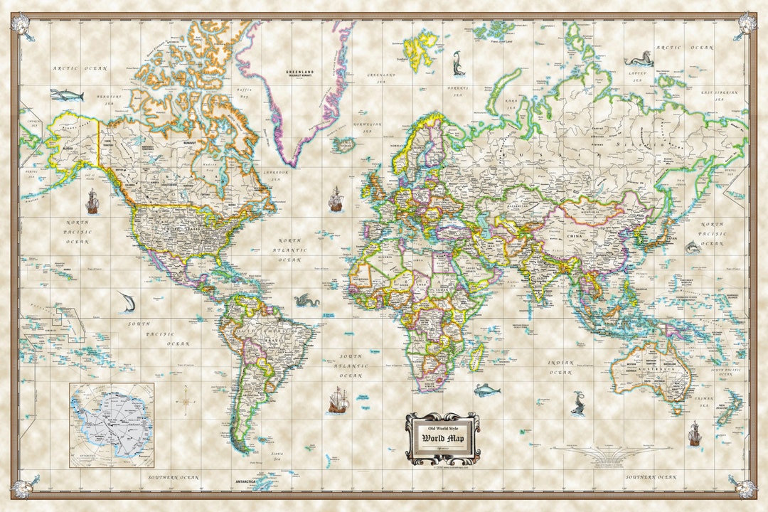 Old World Style Modern World Wall Map Antique Poster - 36"x24" Rolled ...
