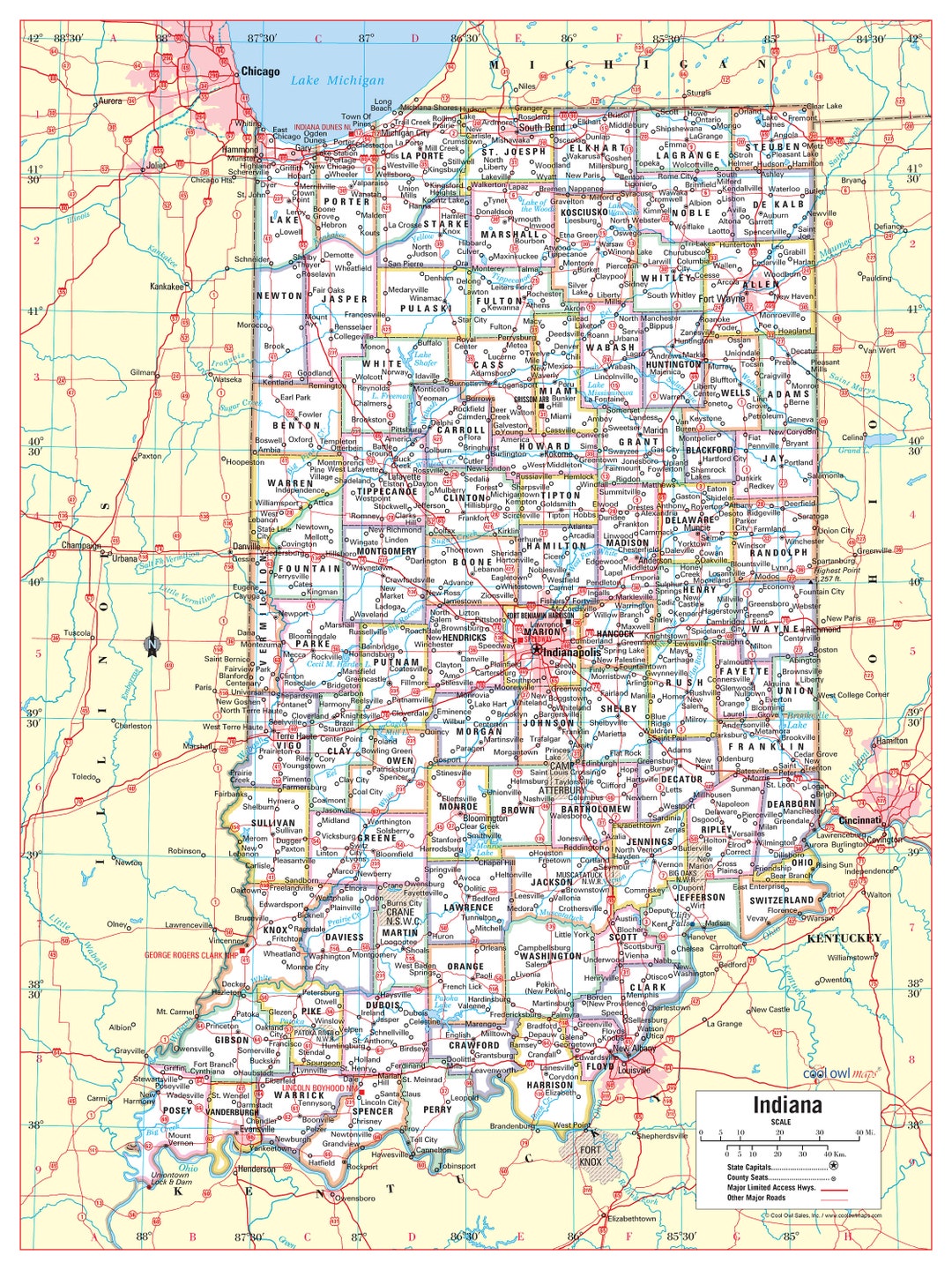 Indiana State Wall Map Large Print Poster - 24"x32" - Etsy