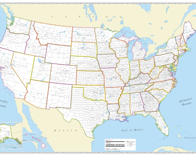 USA County Wall Map Color Poster 36x24 Rolled Paper or Laminated - Etsy