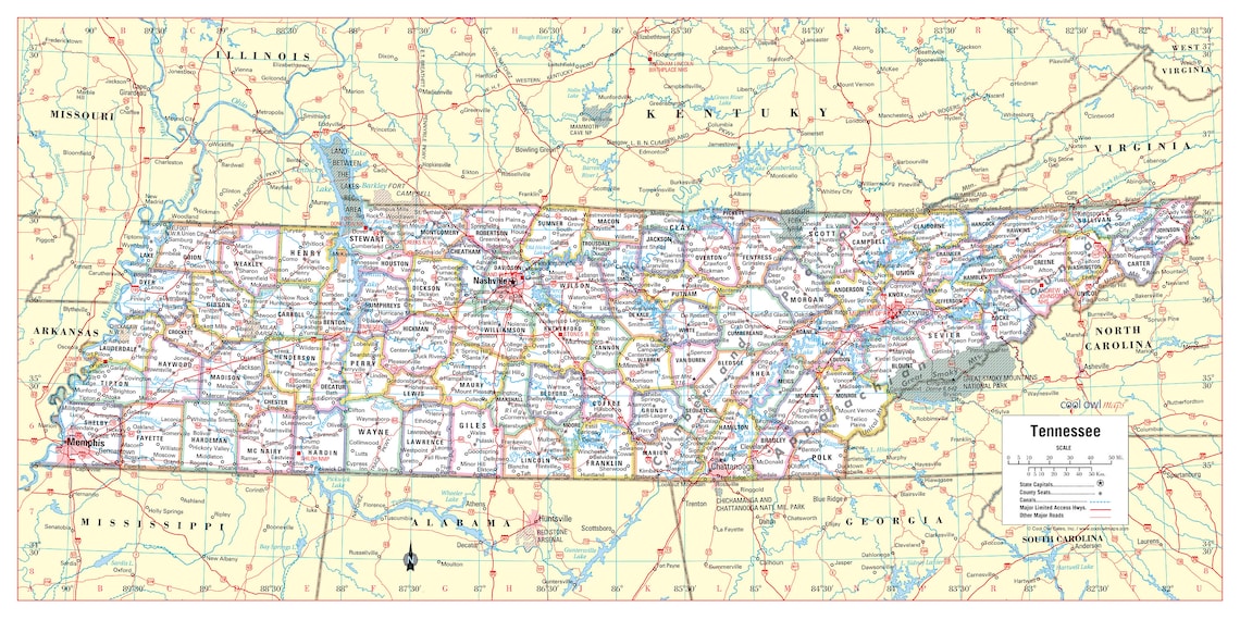Tennessee State Wall Map Large Print Poster - Etsy