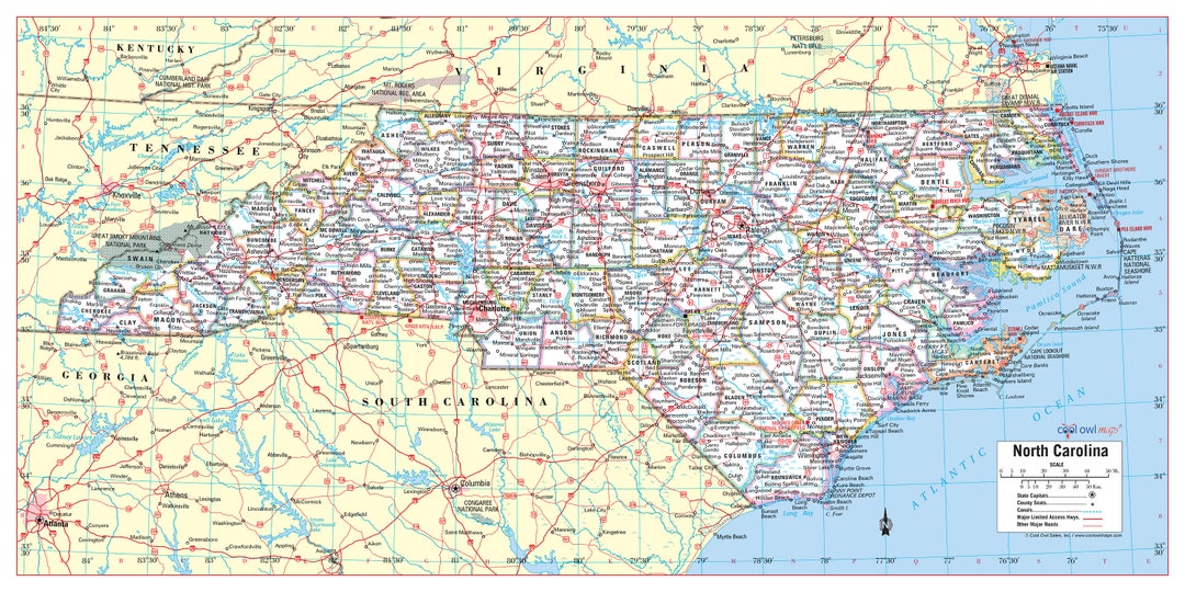 North Carolina State Wall Map Large Print Poster 36wx18h - Etsy