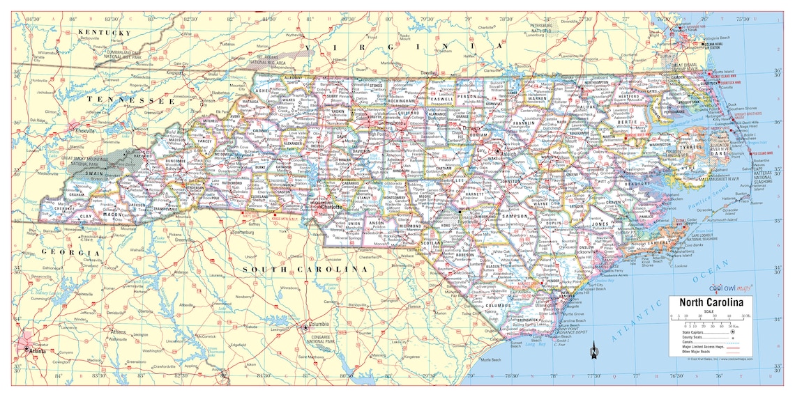 North Carolina State Wall Map Large Print Poster - Etsy
