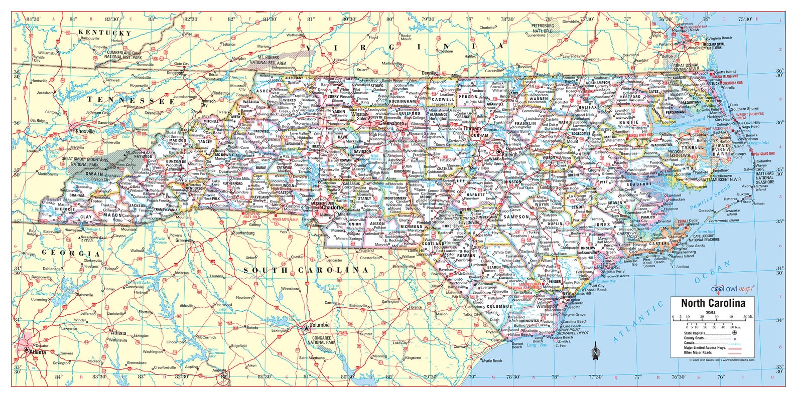 North Carolina State Wall Map Large Print Poster - 36"wx18"h - Etsy