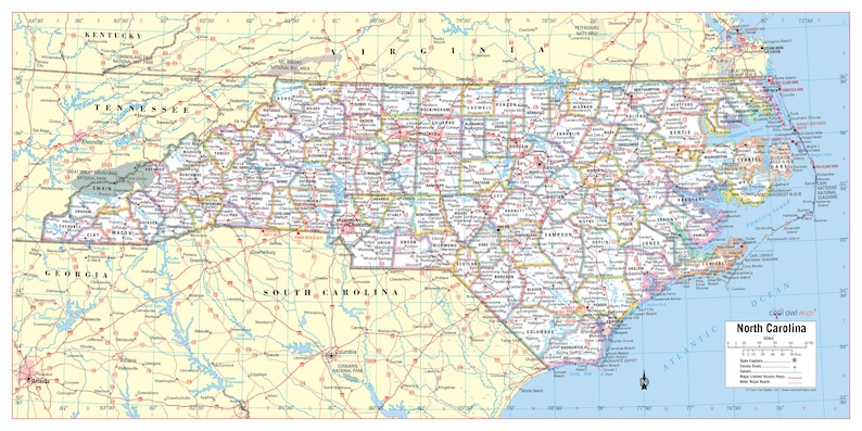 North Carolina State Wall Map Large Print Poster - 36"wx18"h - Etsy