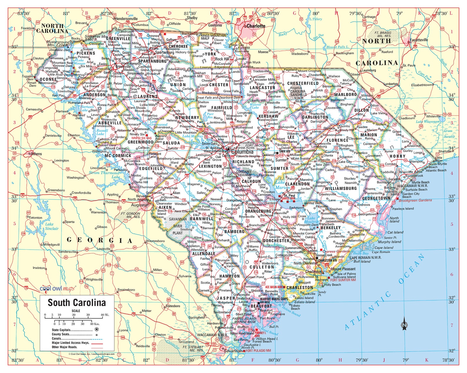 South Carolina State Wall Map Large Print Poster - 30"wx24"h - Etsy