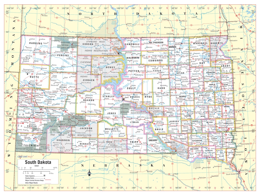 SOUTH DAKOTA State Wall Map Large Print Poster - 32"wx24"h - Etsy