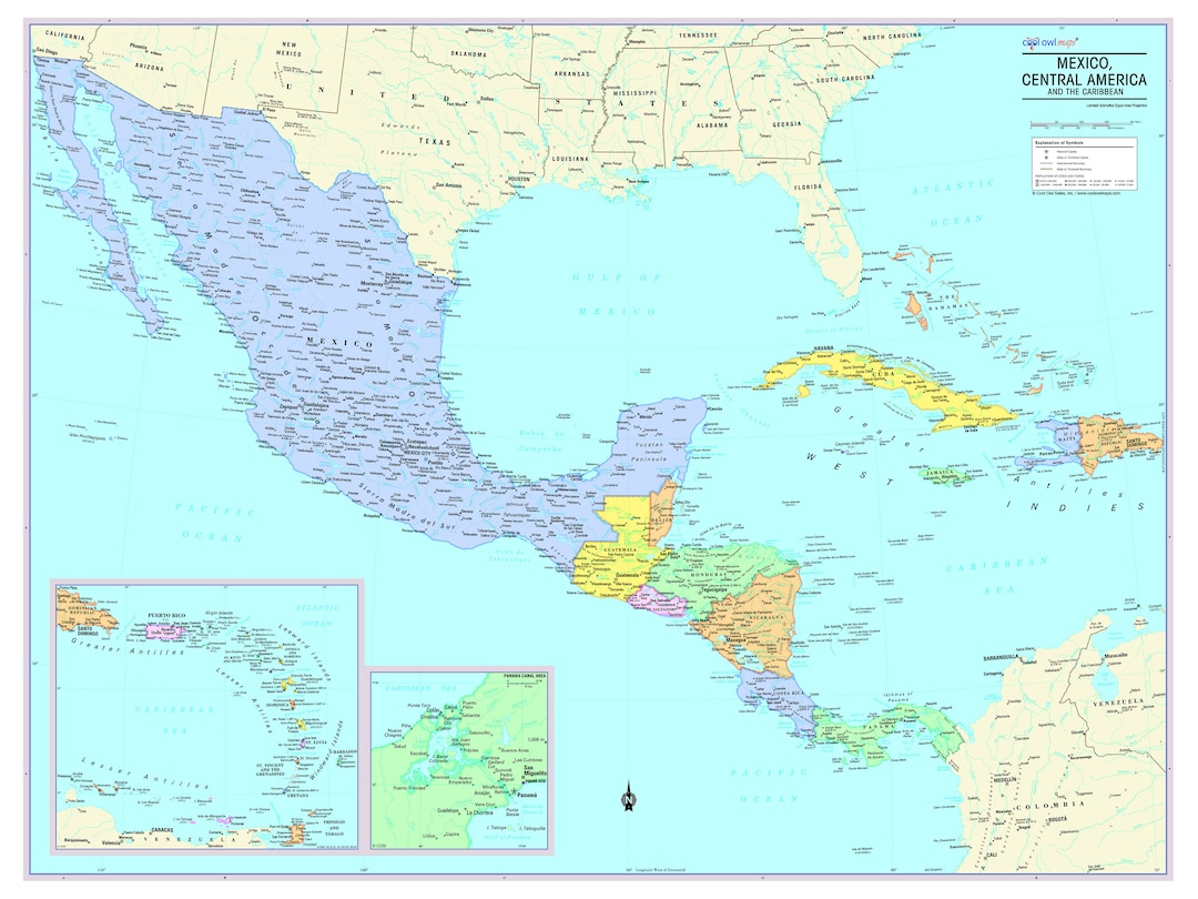 Mexico, Central America and Caribbean Map Wall Poster - Etsy
