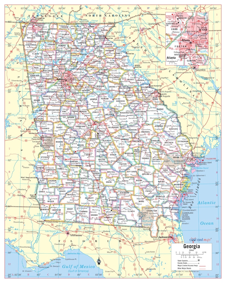 Georgia State Wall Map Large Print Poster - 24"x30" - Etsy