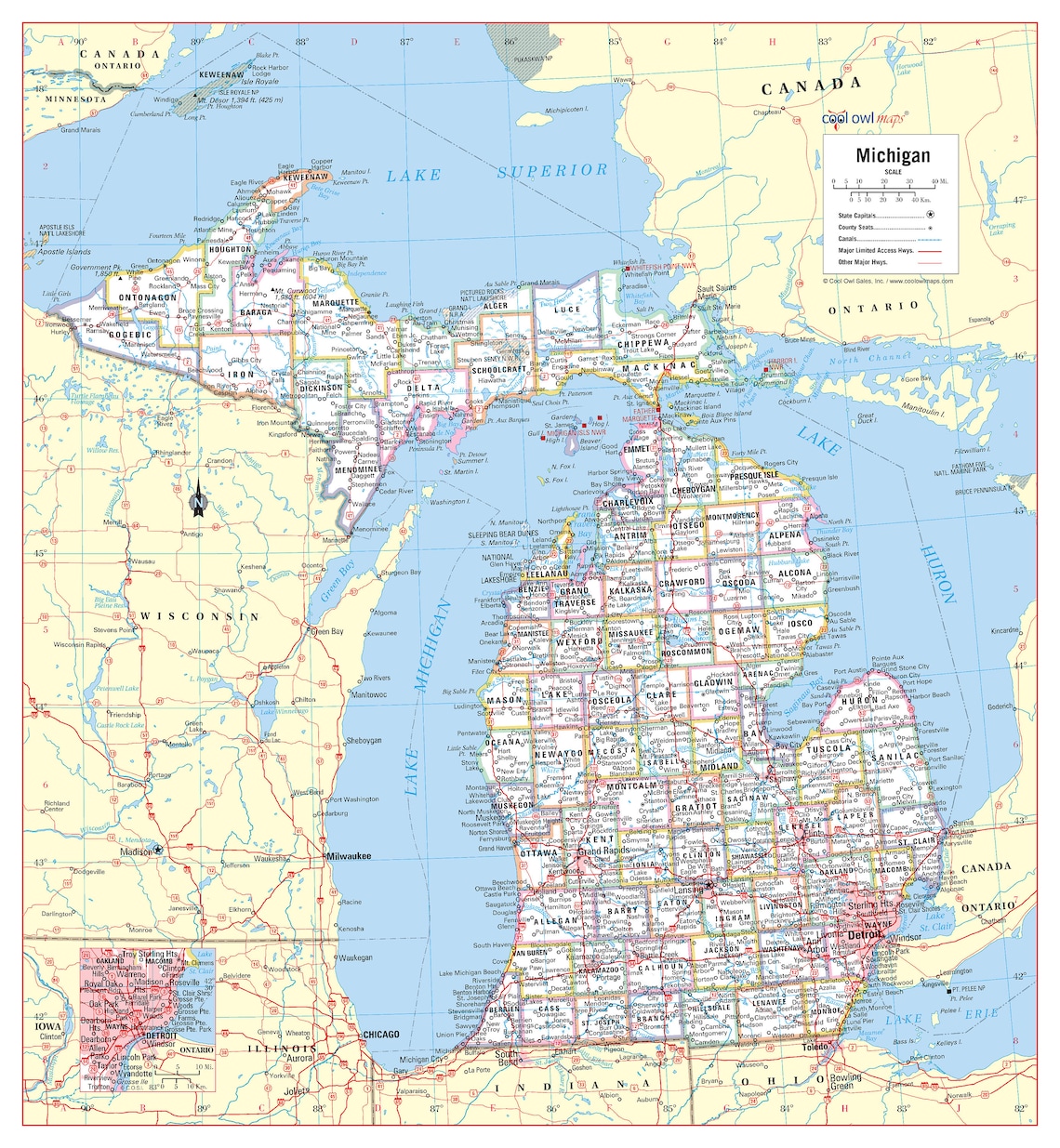 Michigan State Wall Map Large Print Poster 24"wx26"h - Etsy