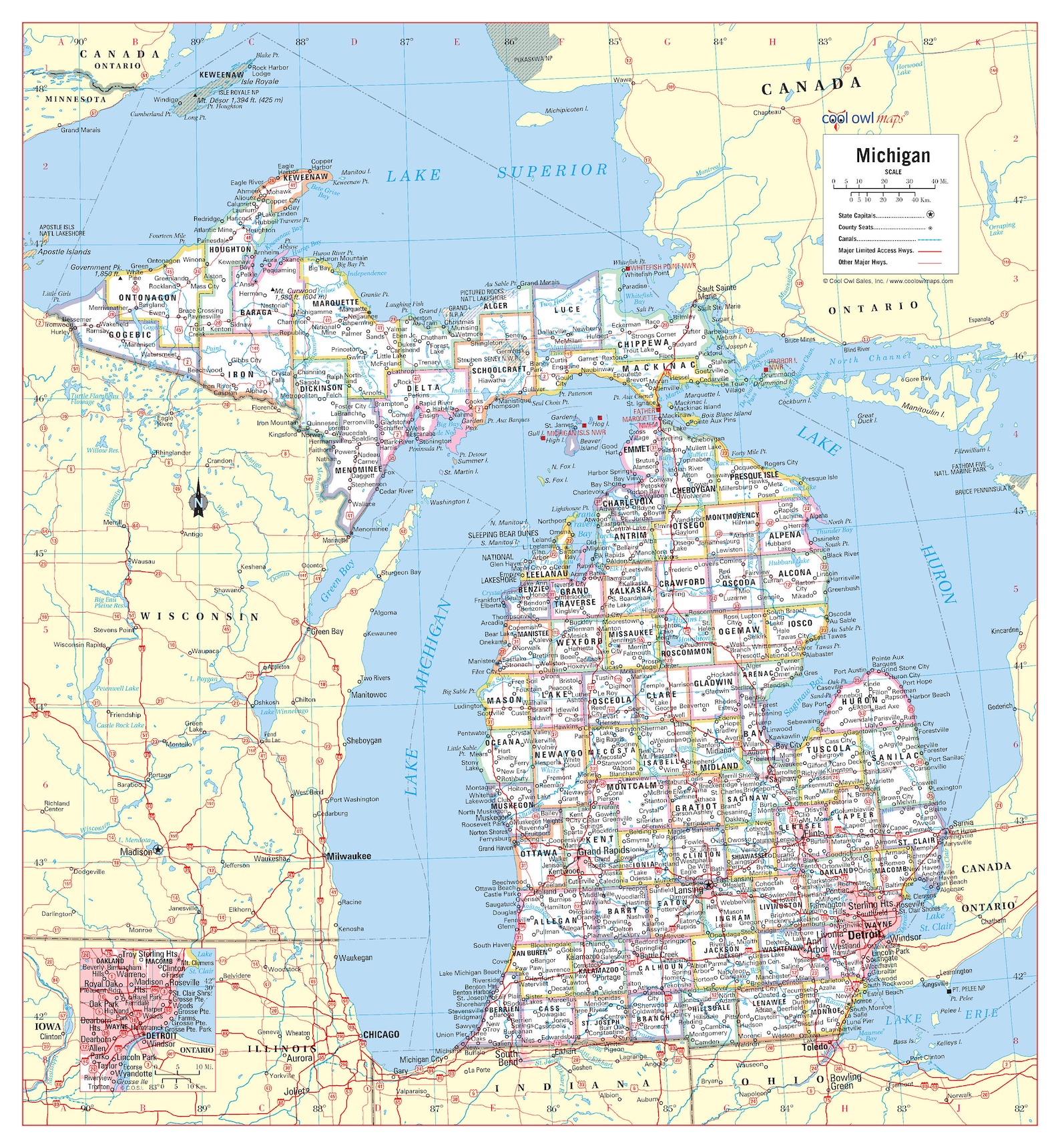 Michigan State Wall Map Large Print Poster 24"wx26"h - Etsy