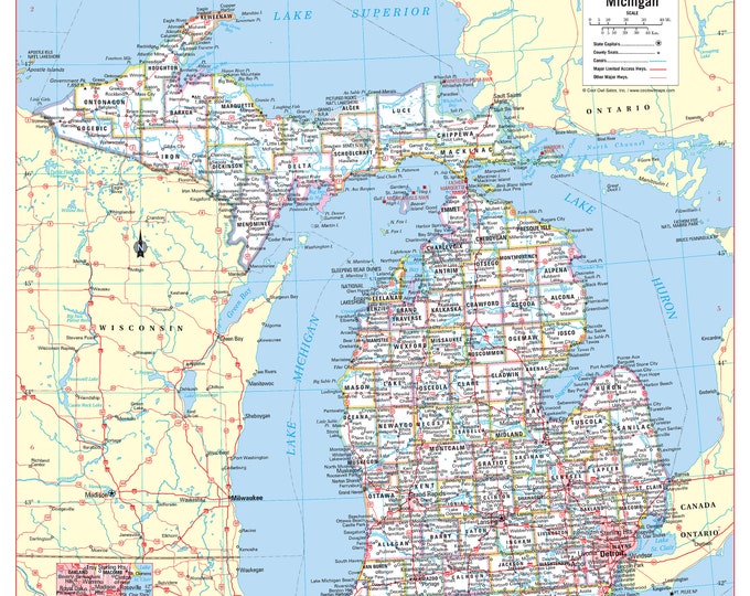 Michigan State Wall Map Large Print Poster 24"wx26"h - Etsy