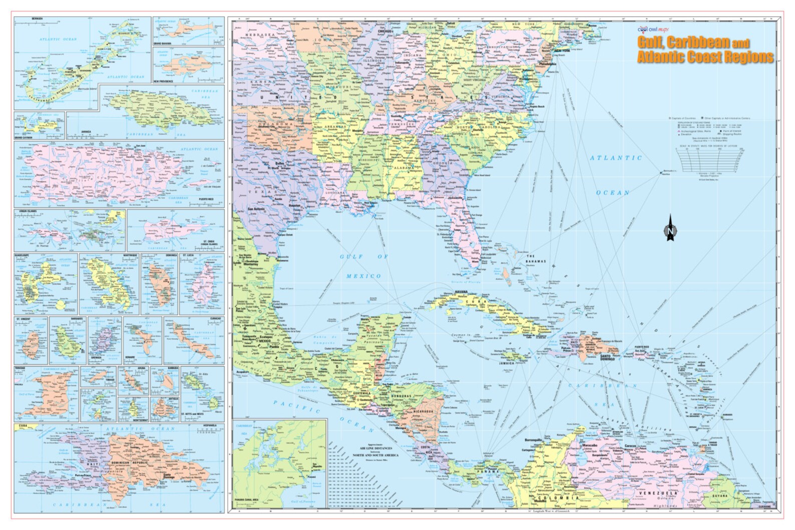 Gulf, Caribbean & Atlantic Coast Regions Wall Map Poster 36x24 Rolled ...
