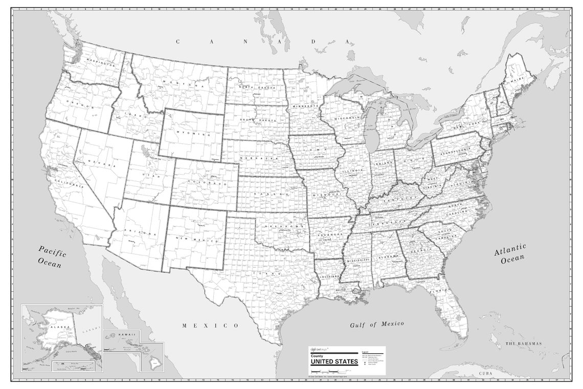 USA County Wall Map Black & White Poster Rolled Paper or - Etsy