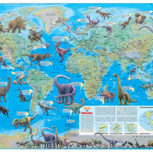 World of the Dinosaurs Wall Map Poster 36x24 - Etsy