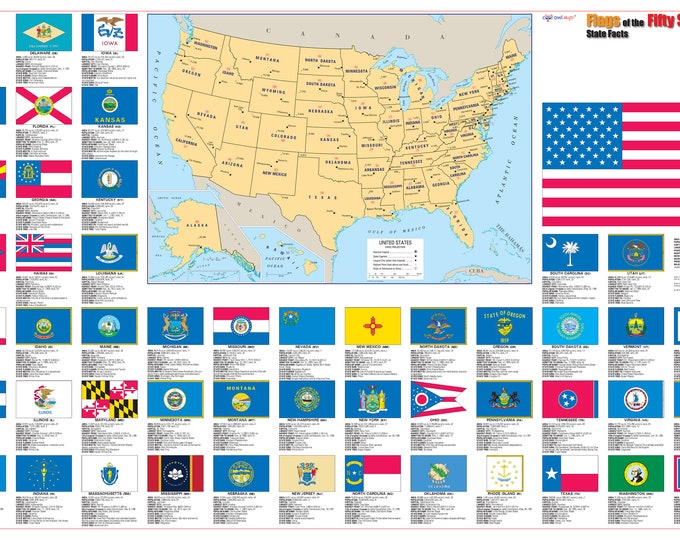 Flags of the 50 U.S. States Wall Map Poster 36x24 Rolled Paper or ...
