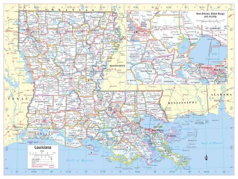 Louisiana State Wall Map Large Print Poster - Etsy Canada