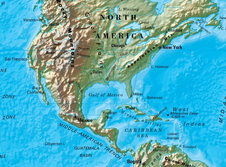 WORLD Physical Wall Map Poster Robinson Projection - Etsy