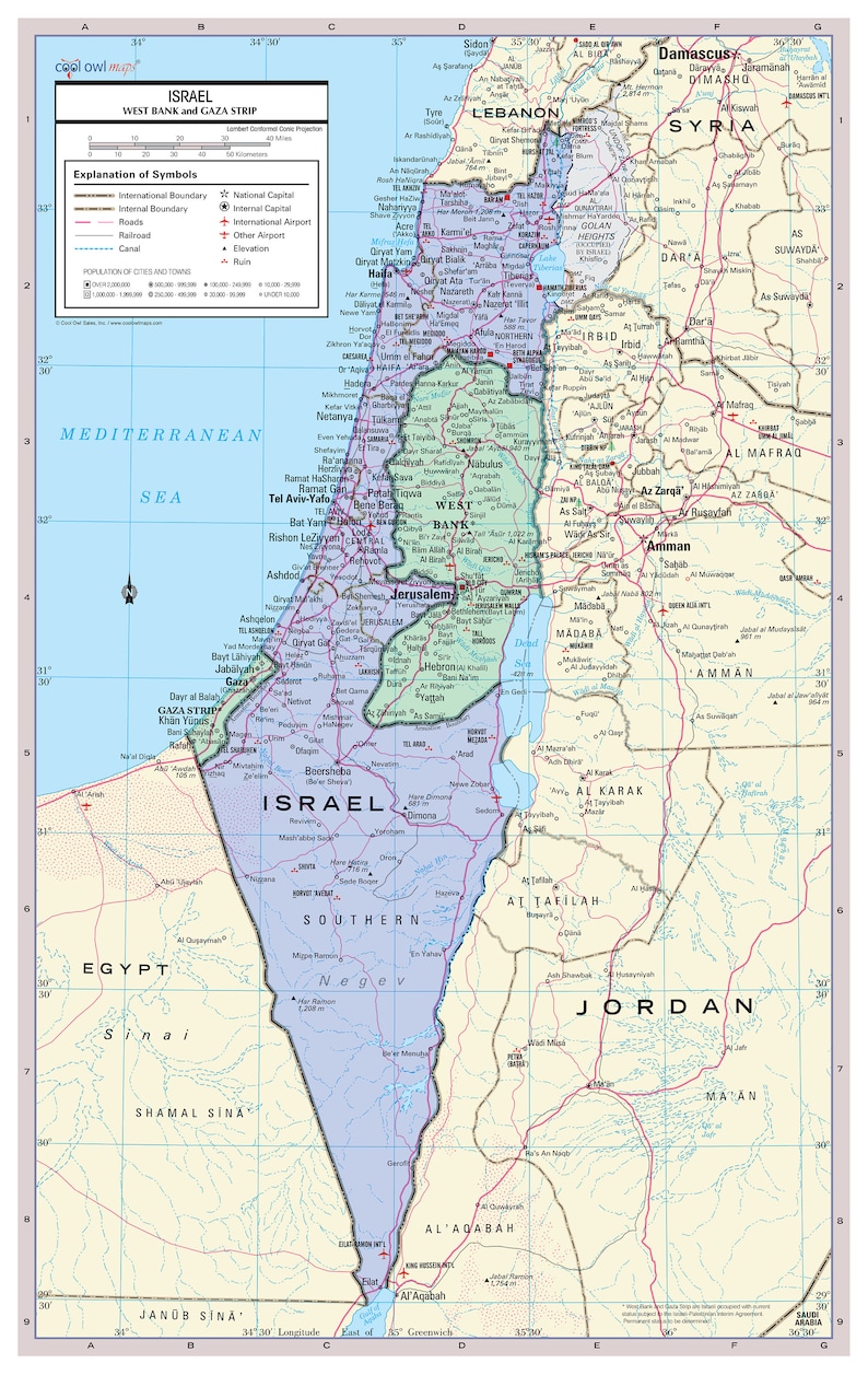 Israel Wall Map With West Bank and Gaza Strip, Large Print (24x38) - Etsy