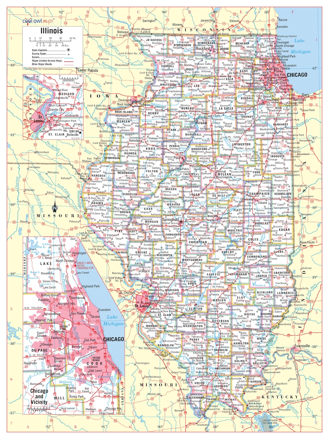 Illinois State Wall Map Large Print Poster - 24"wx32"h - Etsy