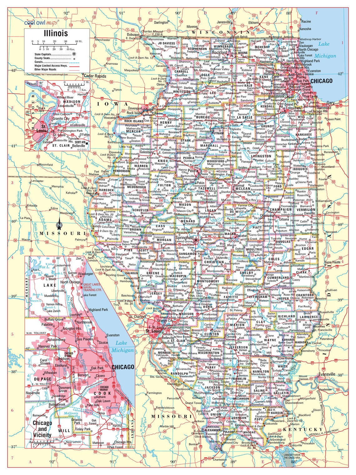 Illinois State Wall Map Large Print Poster - 24"wx32"h - Etsy
