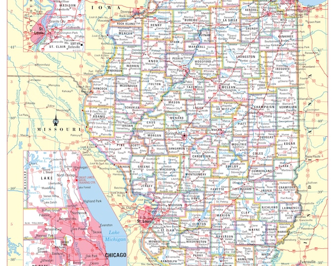 Illinois State Wall Map Large Print Poster - 24"wx32"h - Etsy