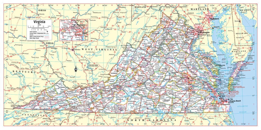 Virginia State Wall Map Large Print Poster - Etsy