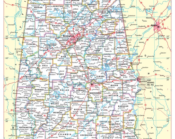 Alabama State Wall Map Large Print Poster - Etsy