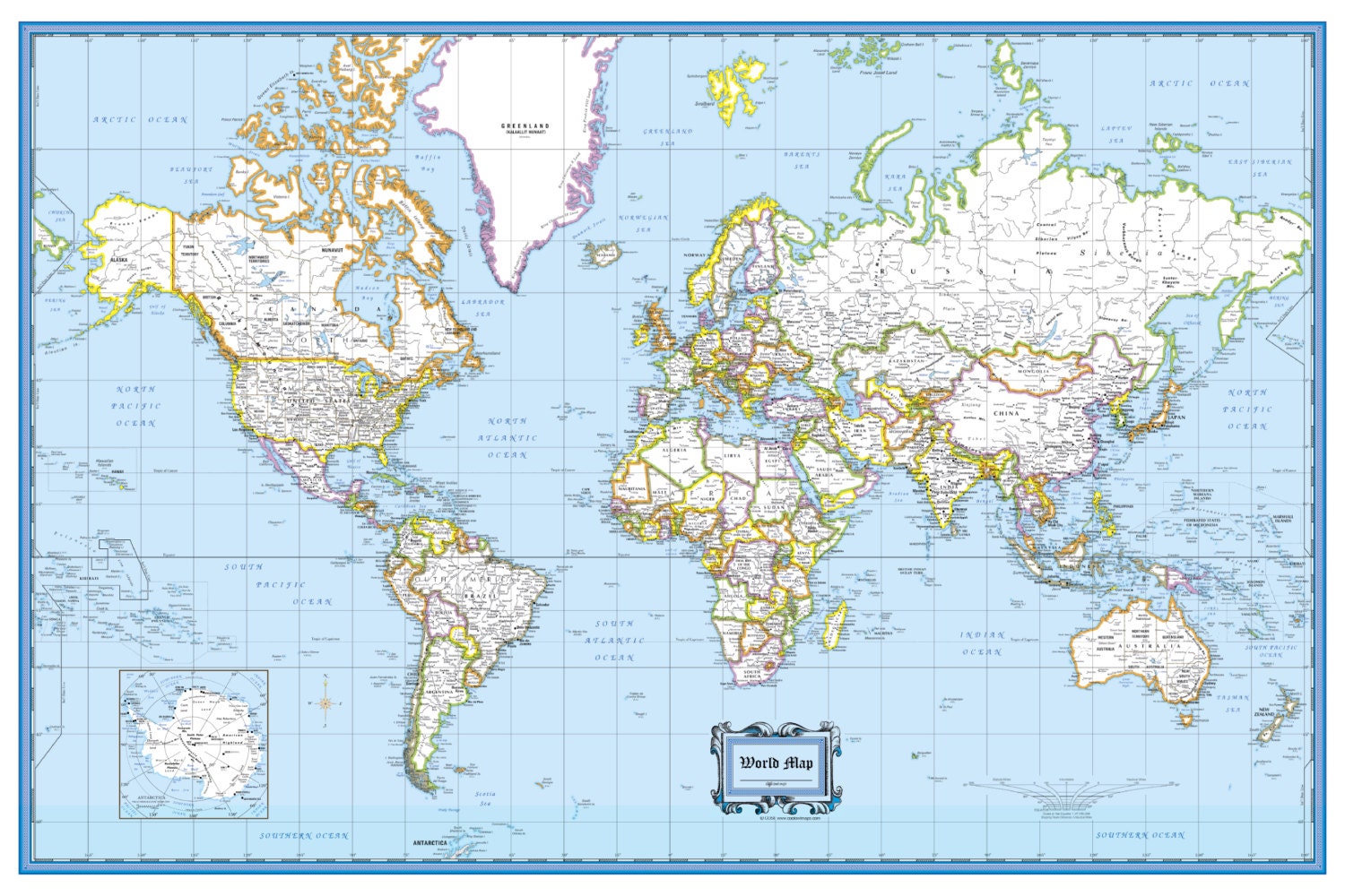 World Wall Map Classic Blue Poster 36x24 Rolled | Etsy