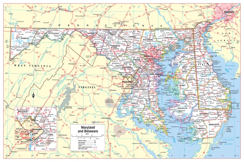 Maryland and Delaware States Wall Map Large Print Poster - 36"wx24"h - Etsy