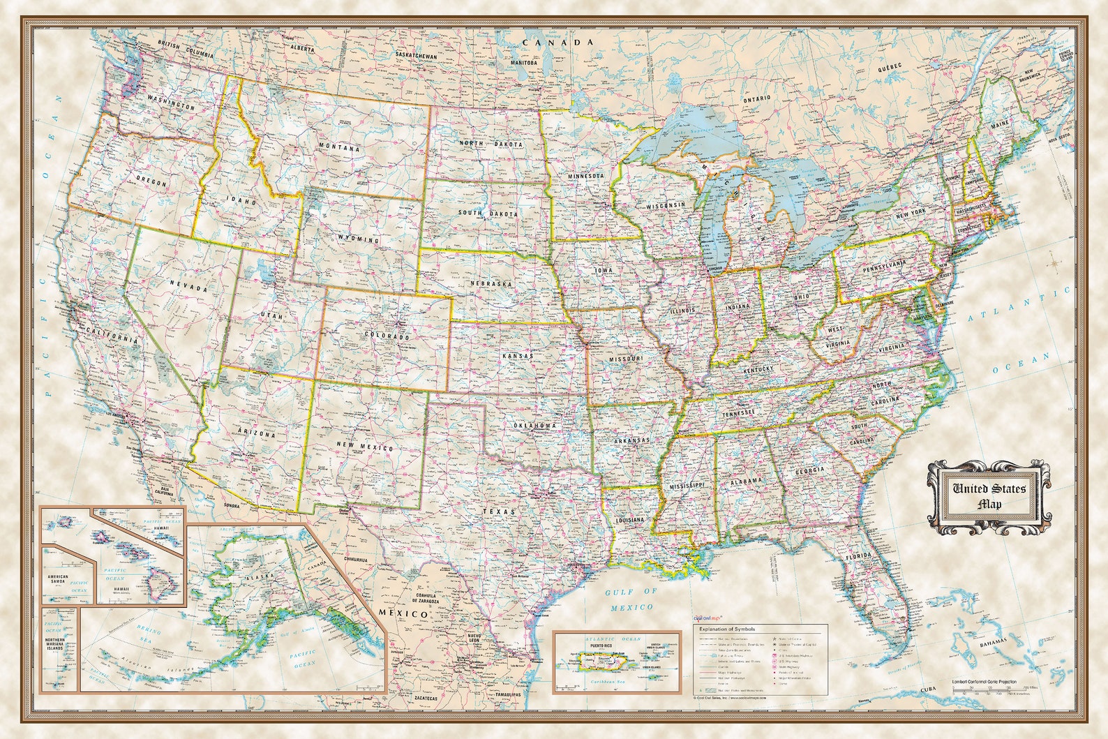 UNITED STATES Executive Wall Map USA Poster 36x24 Print Size Rolled ...