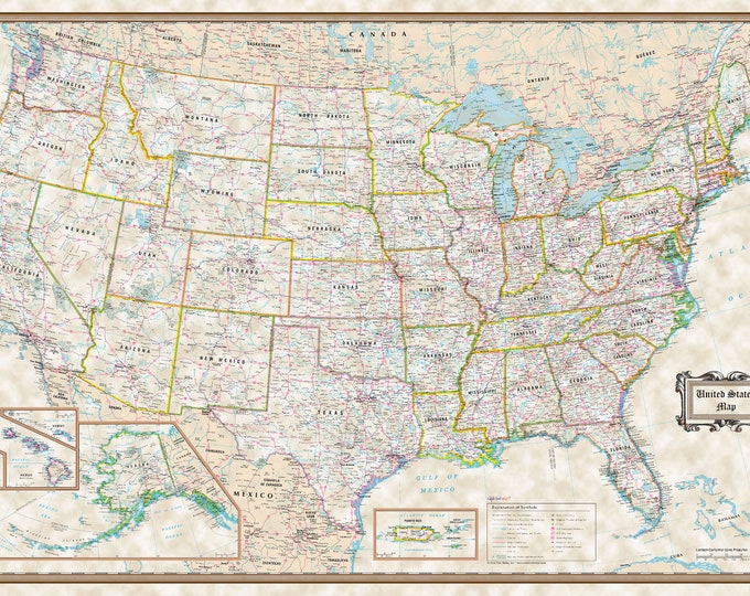 UNITED STATES Executive Wall Map USA Poster 36x24 Print Size Rolled ...