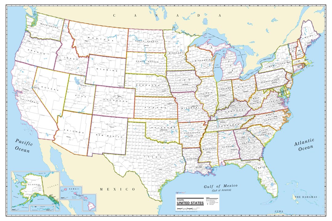 USA County Wall Map Color Poster - 36"x24" Rolled Paper or Laminated - Etsy
