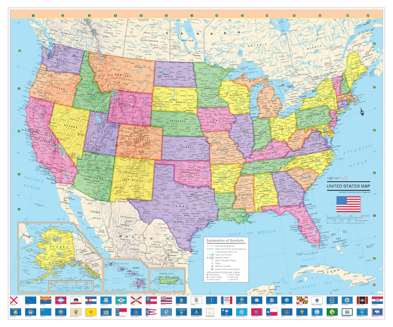 United States Wall Map USA Poster With US Flags Rolled Paper - Etsy