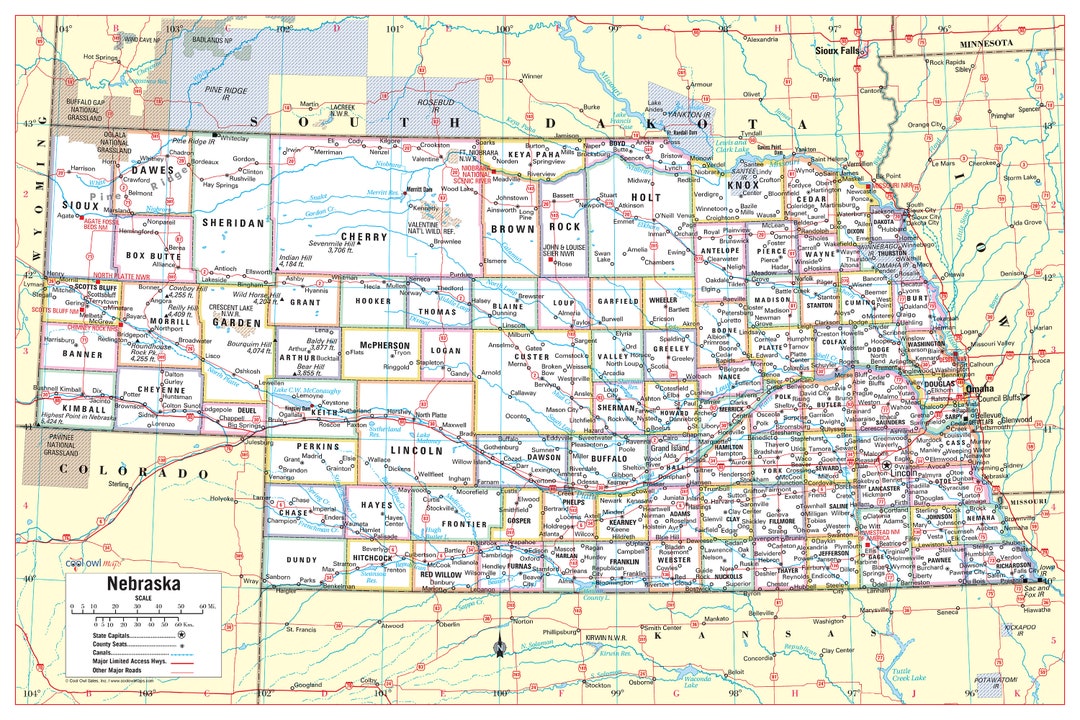 Large Map Of Nebraska Showing Cities Omaha And Environs.: Geographicus