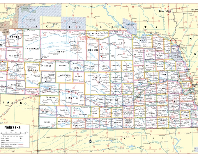 Nebraska Hydrological Map of Rivers and Lakes, Nebraska Rivers Poster ...