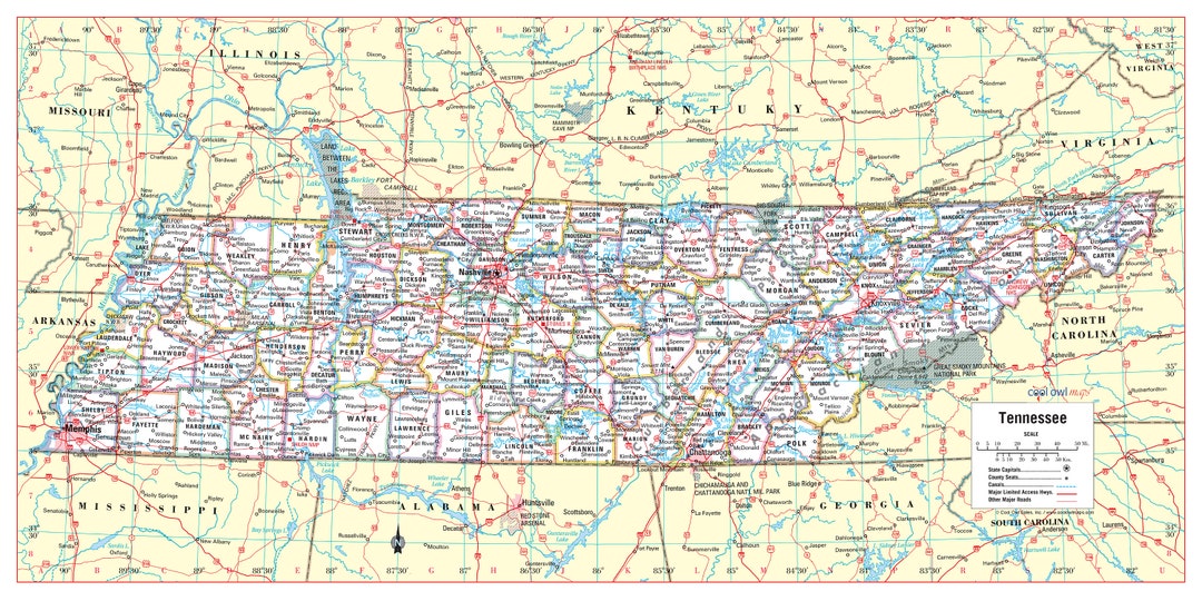 Tennessee State Wall Map Large Print Poster - 36"wx18"h - Etsy