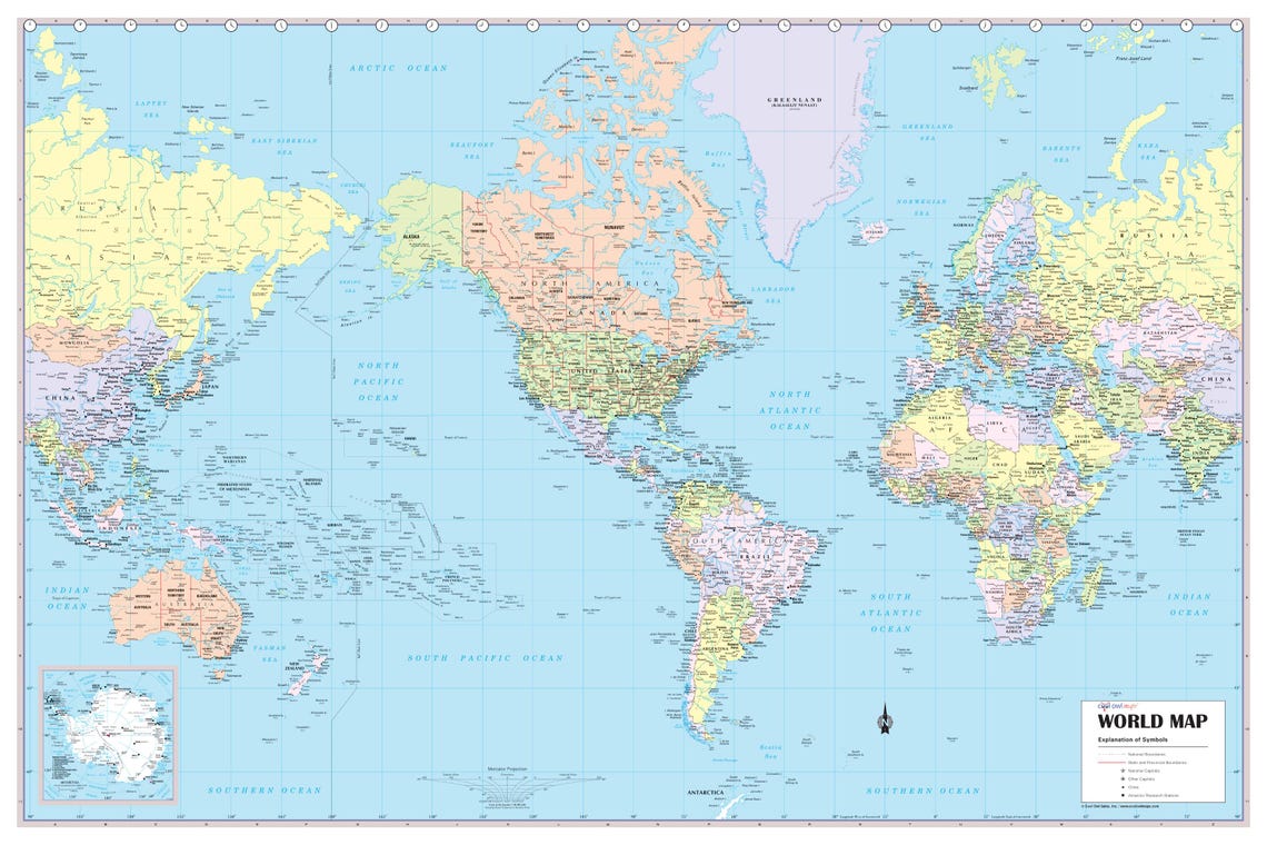 WORLD Wall Map USA Center Political Poster 36"x24" - Rolled - Etsy