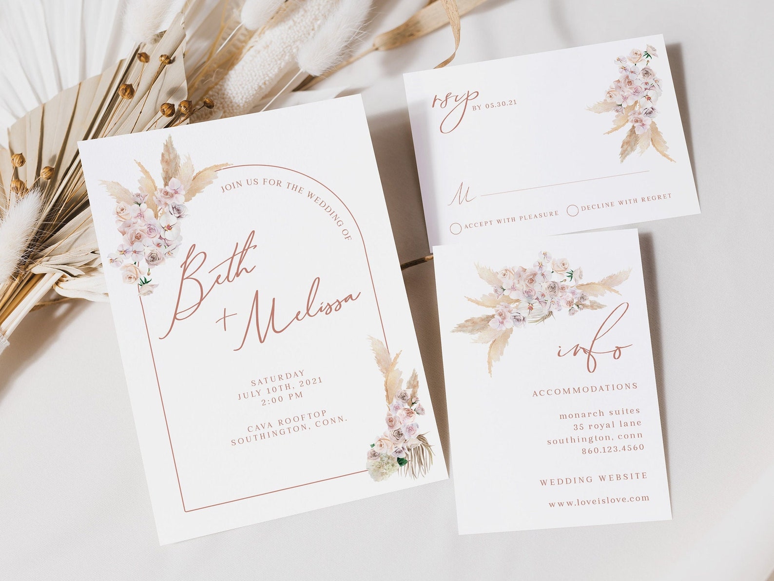 Pampas Grass Script Wedding Invitation Template Arch Boho | Etsy