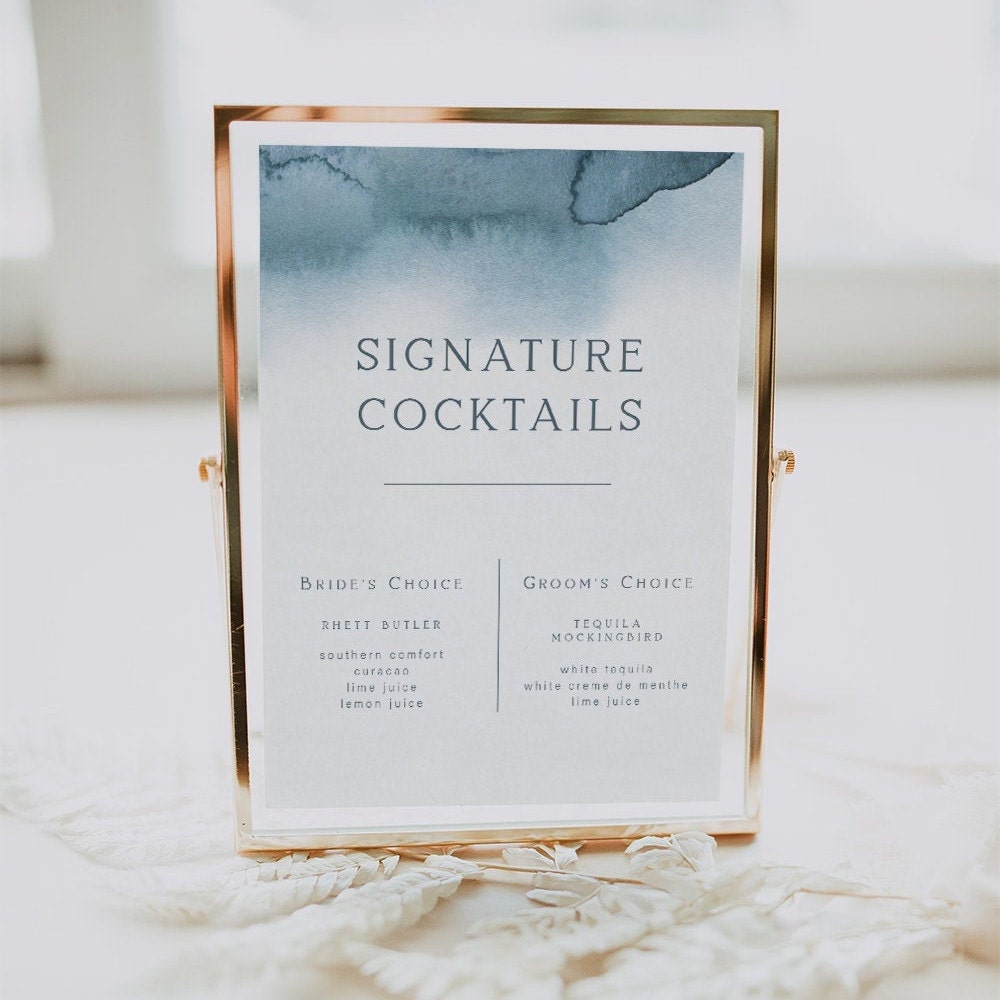 Blue Watercolor Wedding Bar Sign Cocktail Menu Printable - Etsy